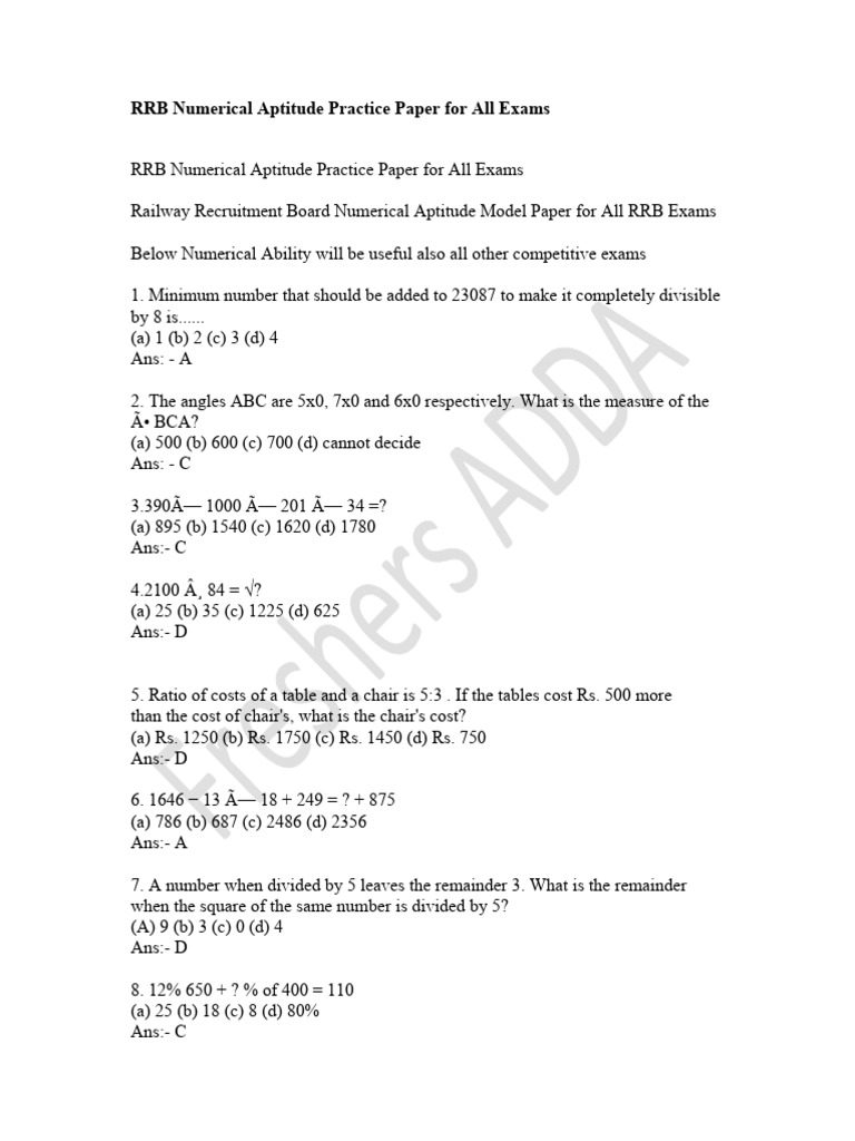 RRB Numerical Aptitude Practice Paper | PDF | Algebra