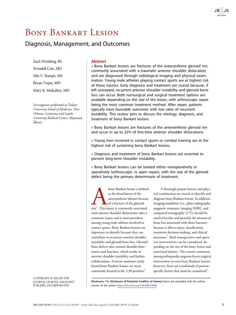 Bony Bankart Lesion: Diagnosis, Management, and Outcomes | PDF ...
