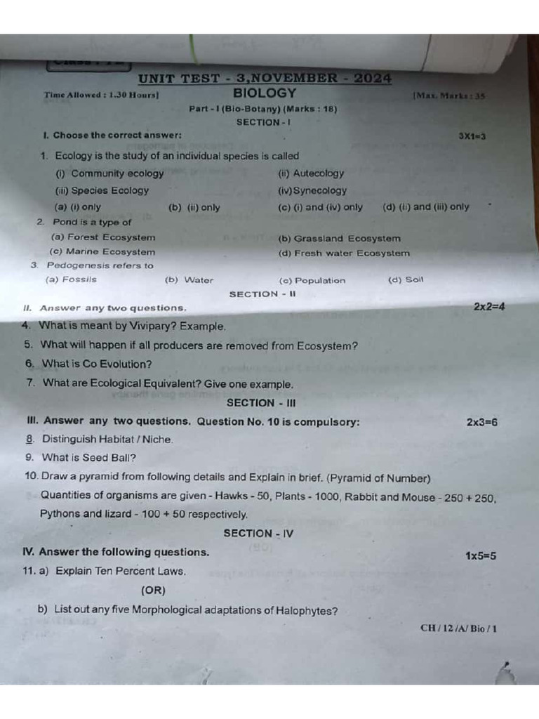 12 STD Biology Unit Test 3 Question Paper Chennai District | PDF