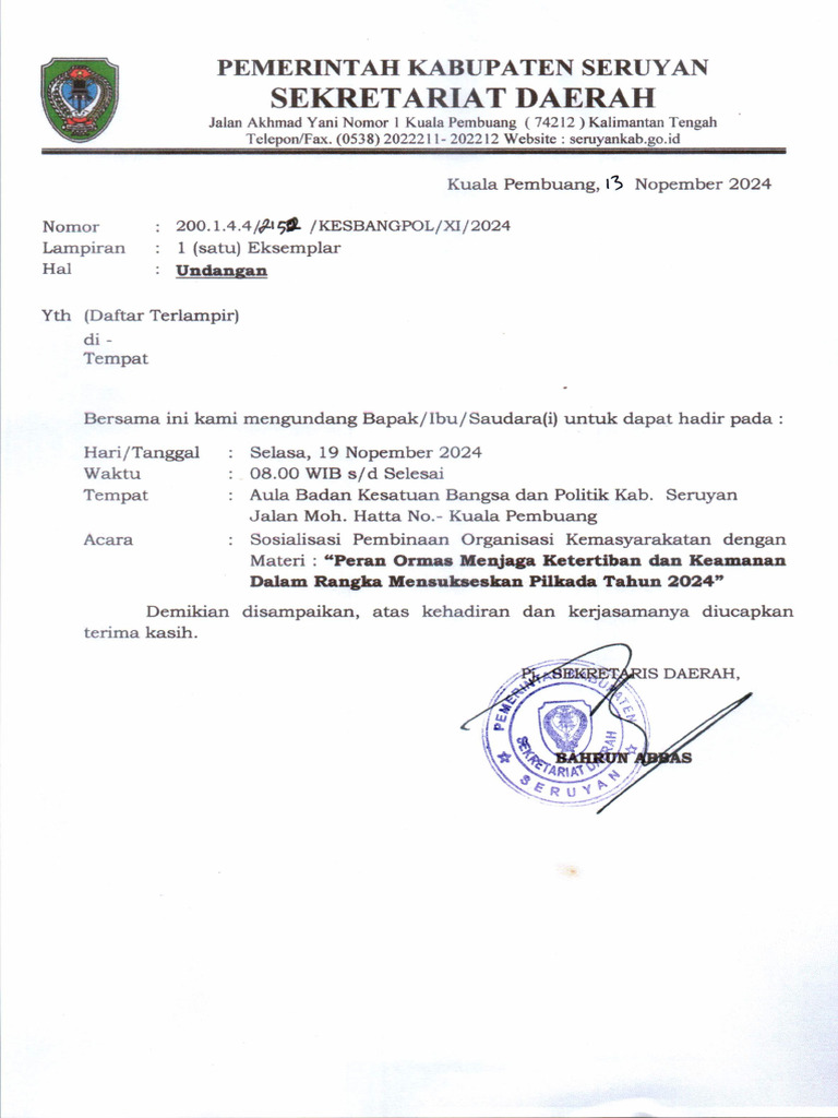 Surat Undangan Sosialisasi Pembinaan ORMAS, 19 Nopember 2024 | PDF