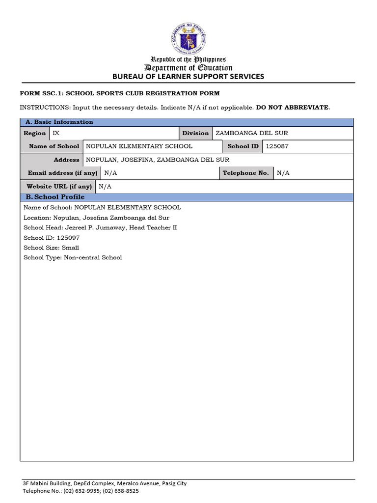 FORM SSC.1 School Sports Club Registration Form v1 | PDF