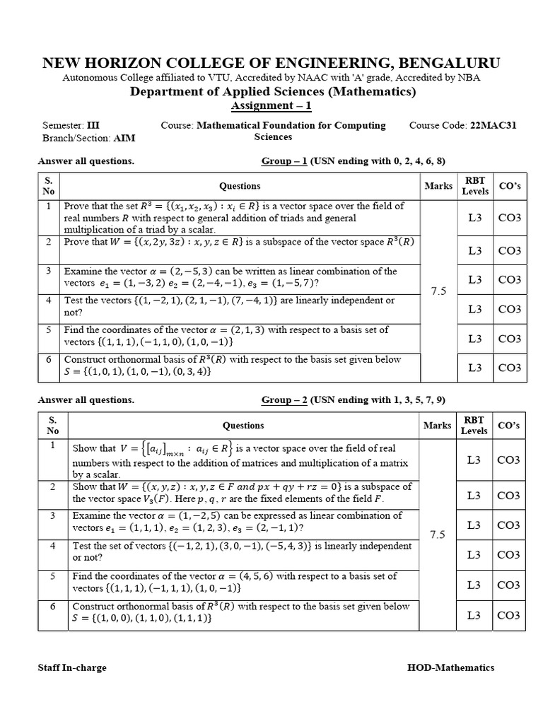 Assignment 1 Questions 3rd Sem (AIM) 21MAC31 (2024-25 Odd Sem) | PDF | Vector Space | Basis ...