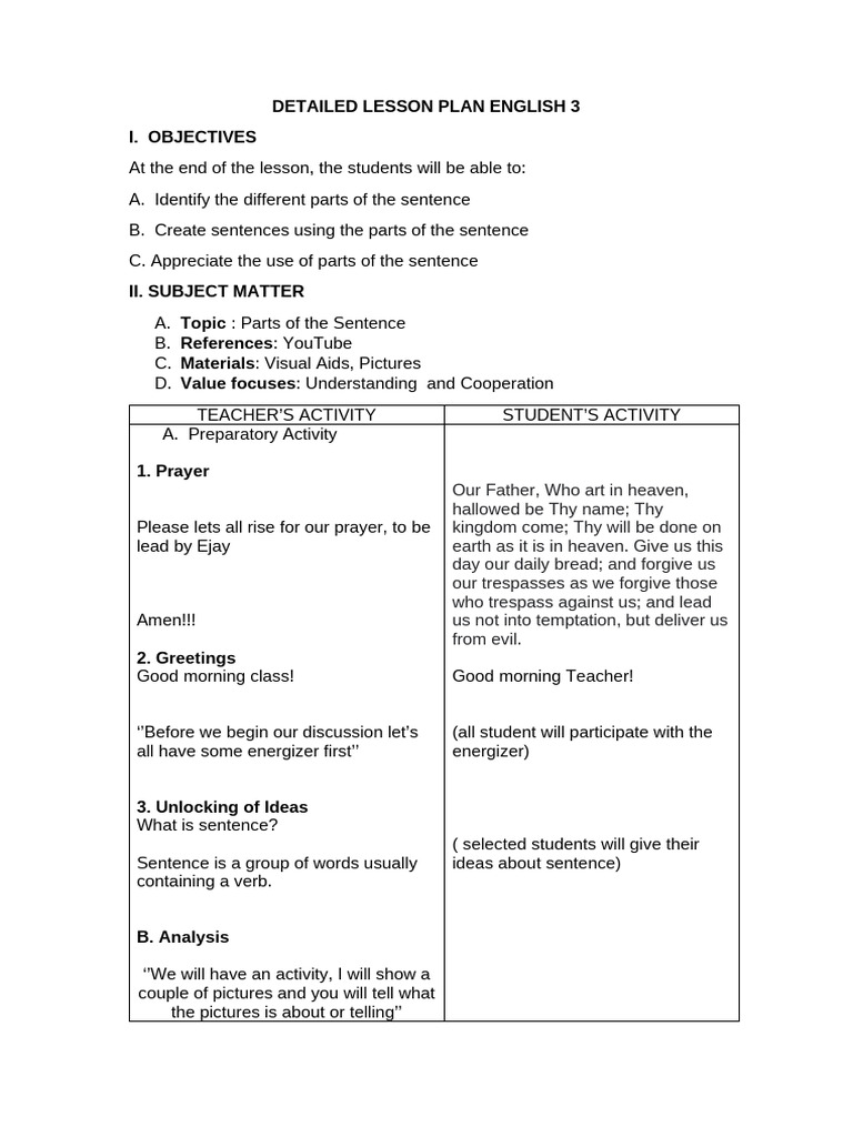 Detailed Lesson Plan English 3 | PDF | Subject (Grammar) | Sentence (Linguistics)