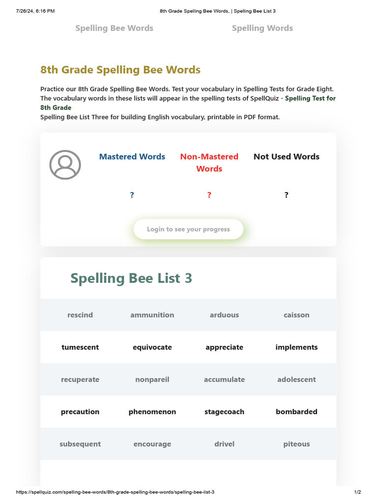 8th Grade Spelling Bee Words, - Spelling Bee List 3 | PDF