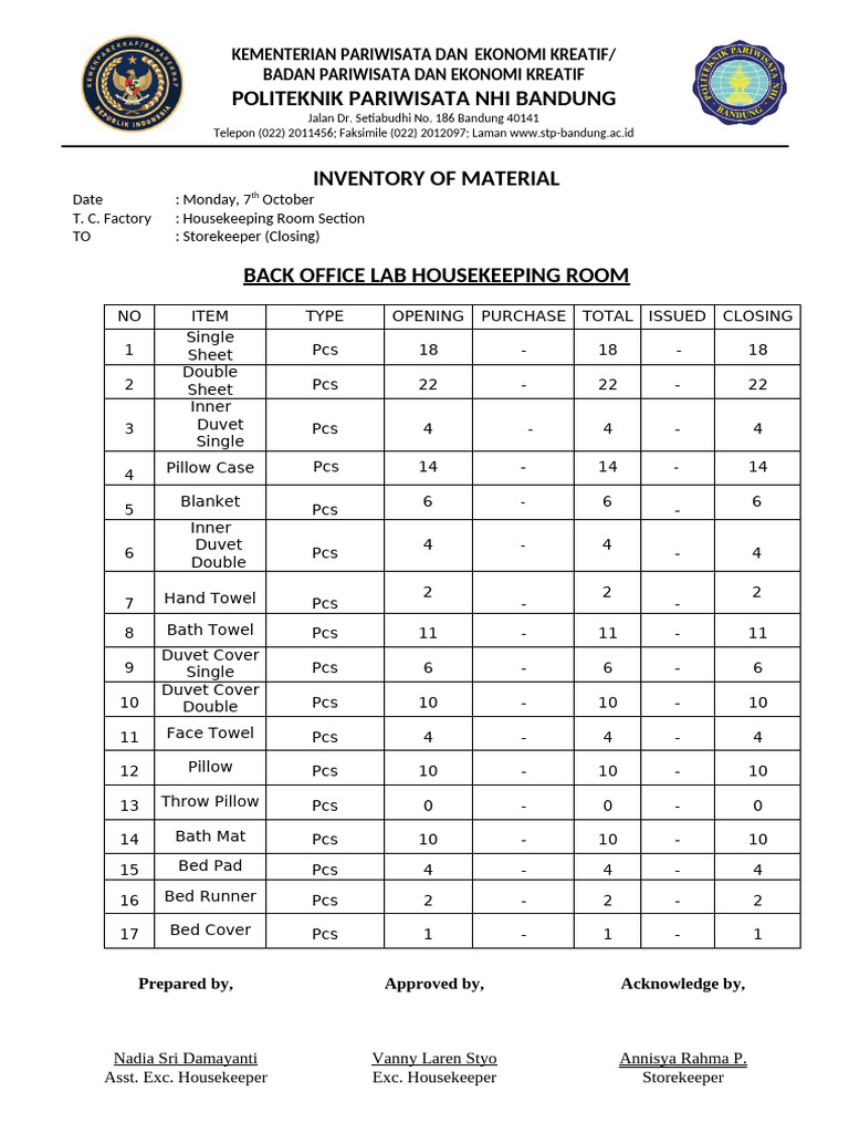 Housekeeping Inventory Report | PDF | Linens | Blanket