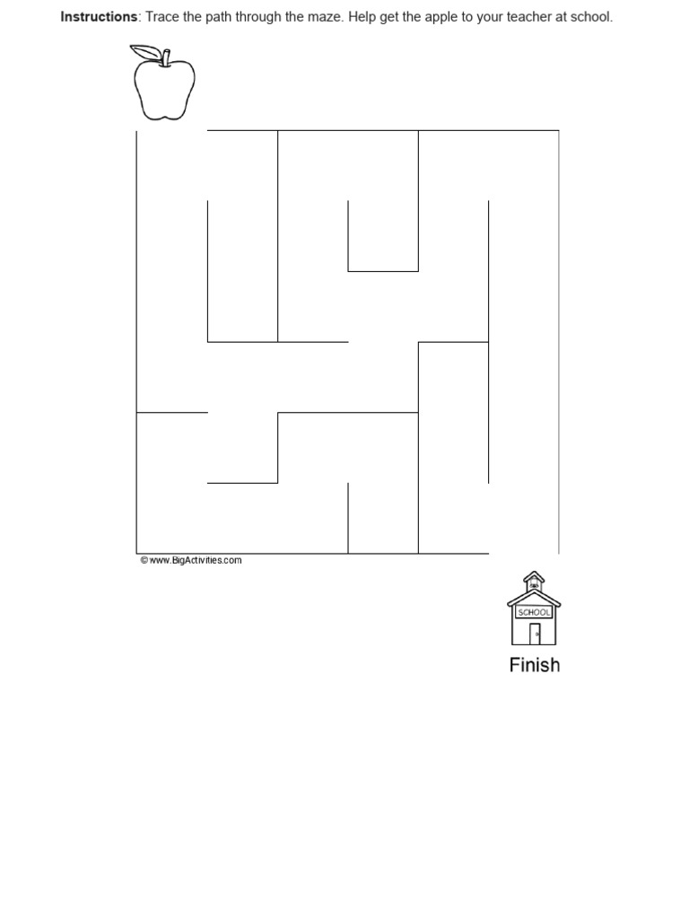 Back To School - Easy Maze Worksheet (Apple and Teacher) | PDF