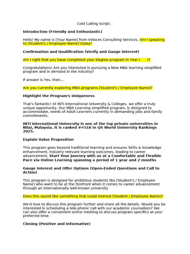 Calling Script For Cold Calling INTI | PDF | Master Of Business ...