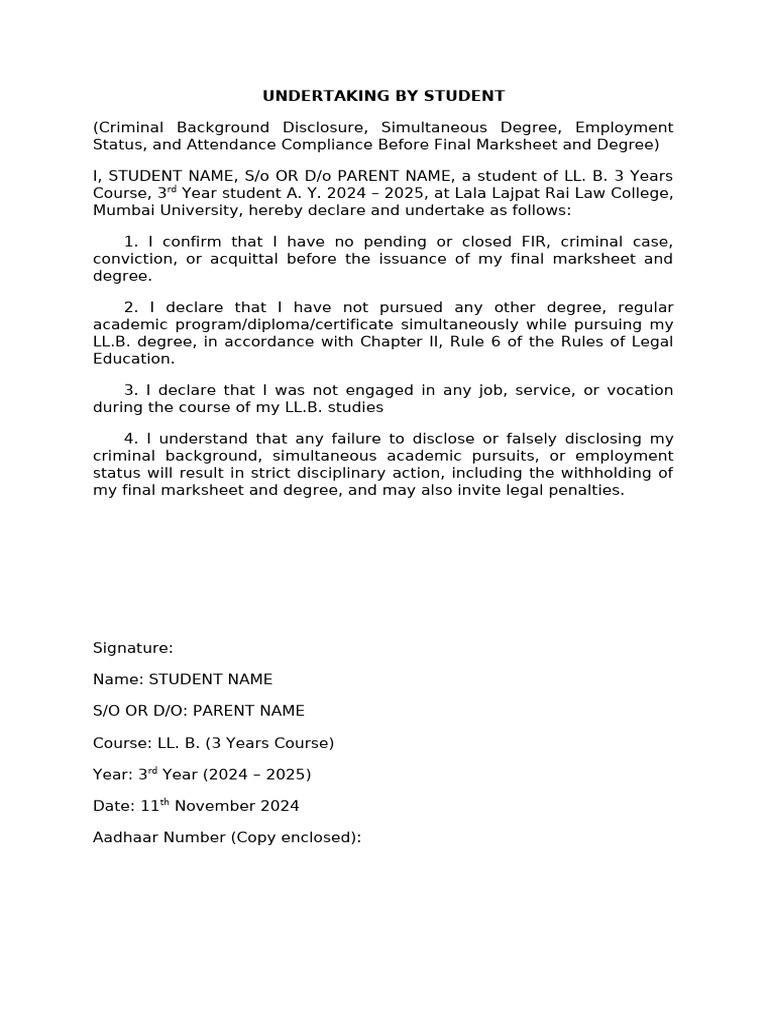 Student Indemnification Undertaking | PDF | Career & Growth | Finance ...