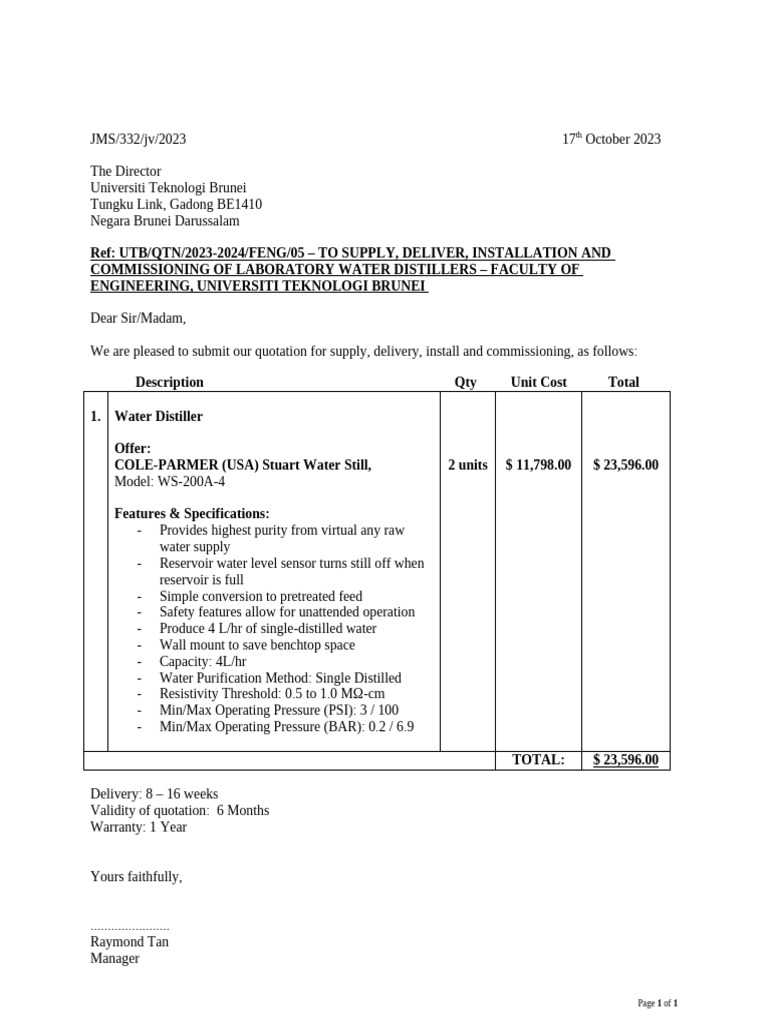 Quotation for Water Distillers Supply | PDF | Computers | Technology ...