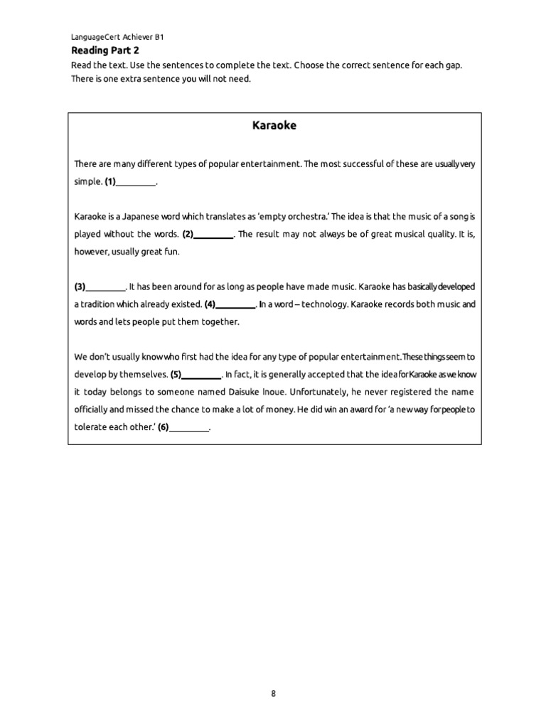 B1 T1 Reading Part 2 | PDF