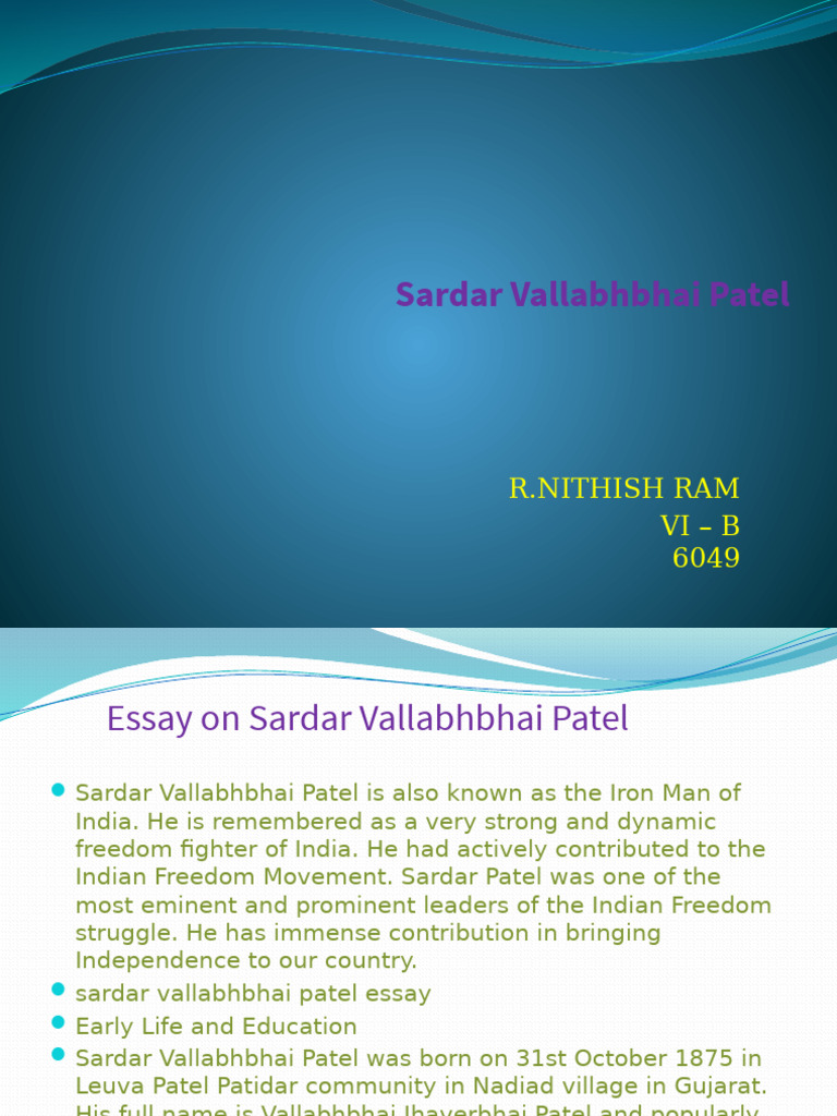 Sardar Vallabhbhai Patel: R.Nithish Ram Vi - B 6049 | PDF