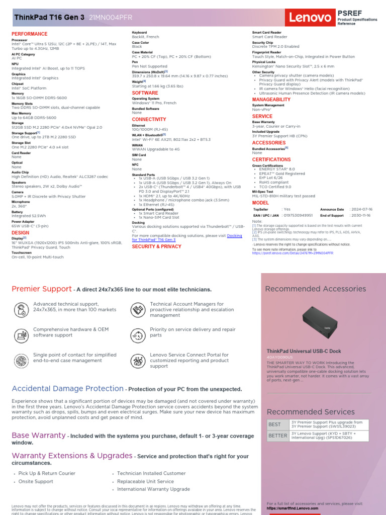 ThinkPad T16 Gen 3 21MN004PFR | PDF | Usb | Personal Computers