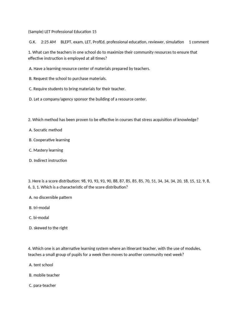 (Sample) LET | PDF | Educational Assessment | Learning