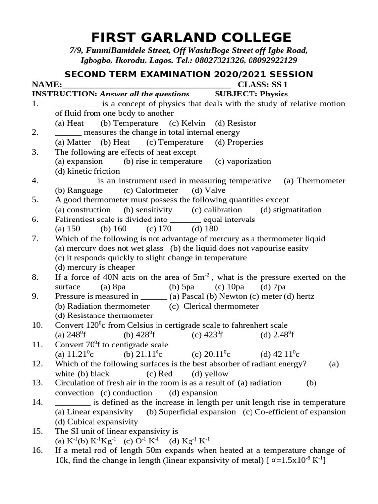 FIRST GARLAND Physics Secound Term ss1, ss2 2022 | PDF | Waves | Thermal Expansion