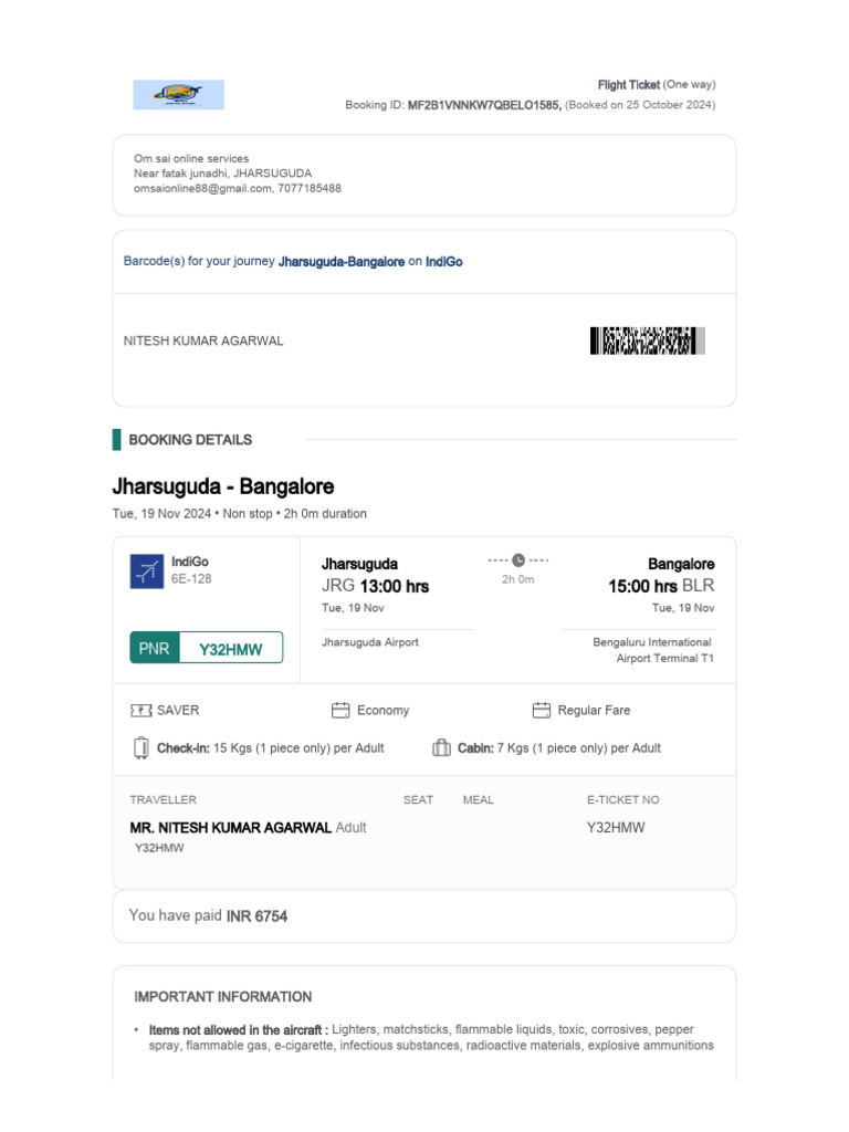 Jharsuguda to Bangalore Flight Ticket | PDF