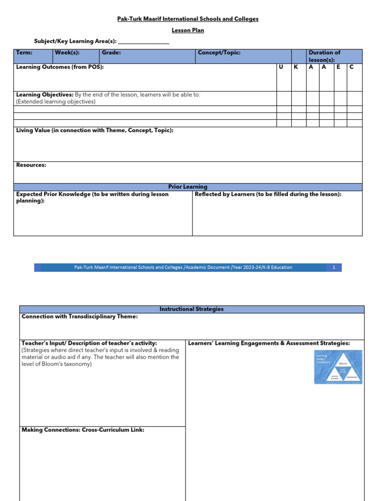 Lesson Plan Format Prmary and Lower Secondary 2023-24 | PDF