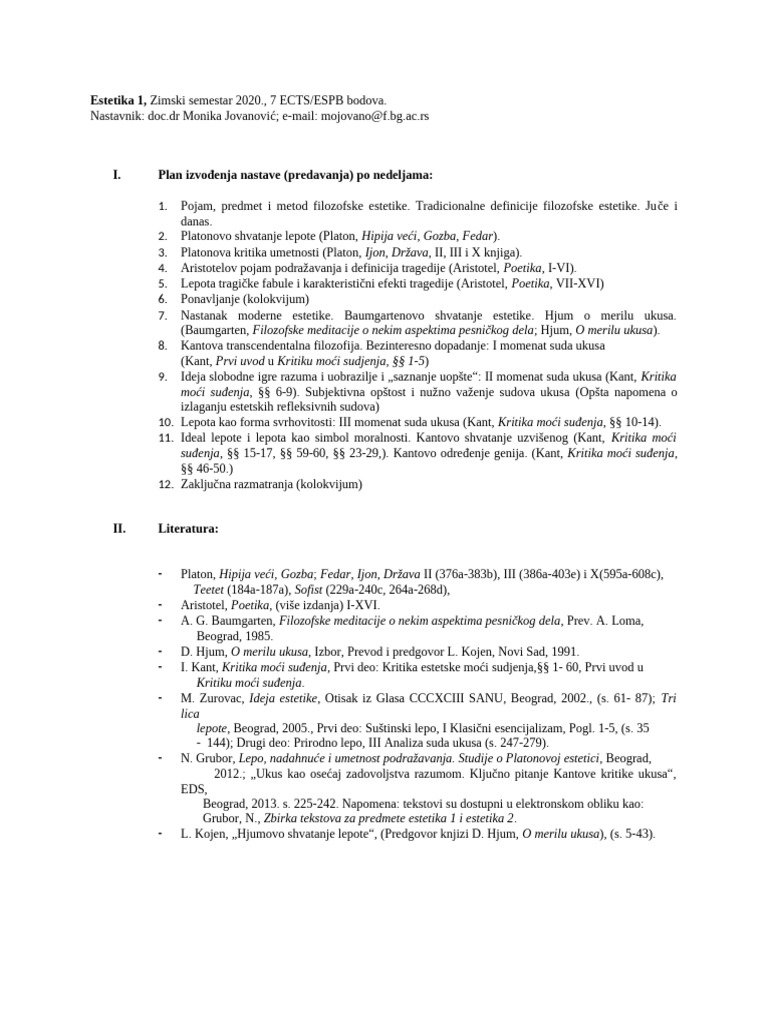 Estetika 1, Osnovne Informacije | PDF