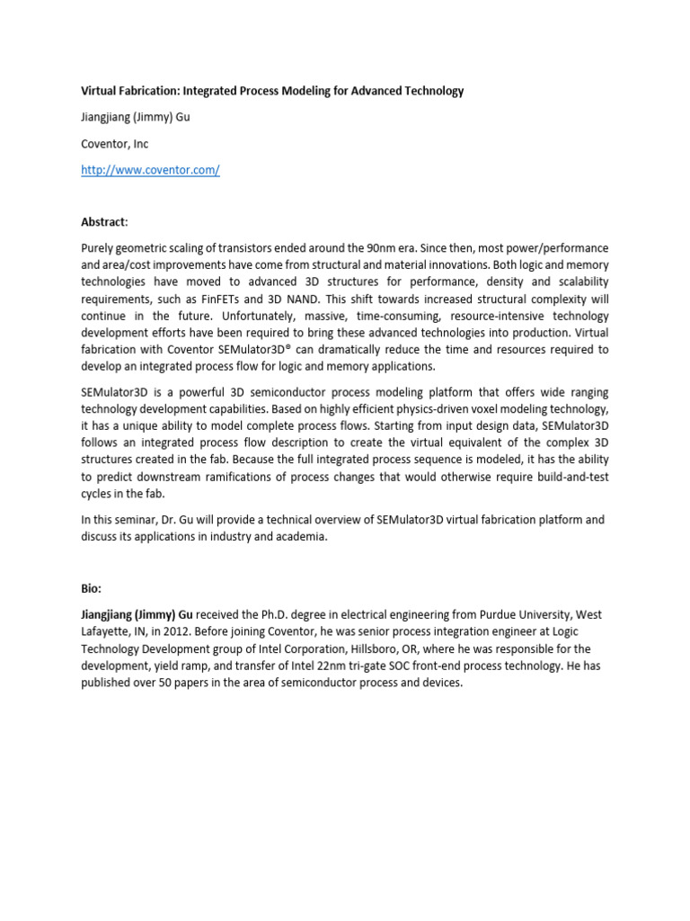 Virtual Fabrication - Integrated Process Modeling For Advanced Technology | PDF