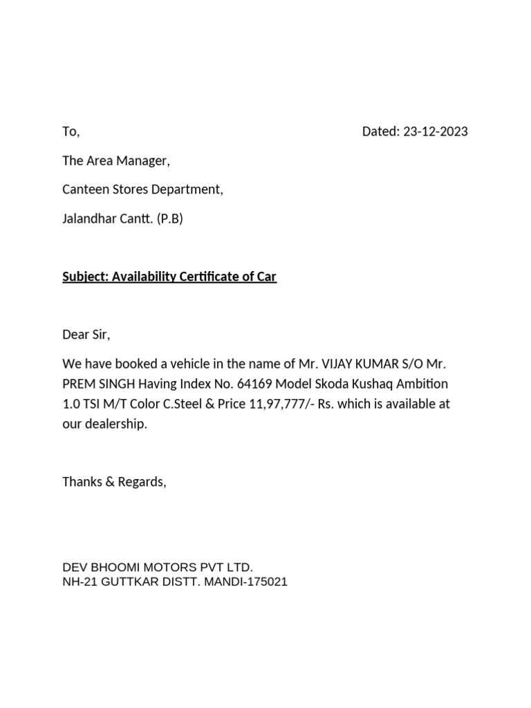 Vehicle Availability Confirmation | PDF