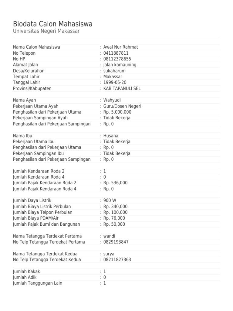 Cetak Biodata Calon Mahasiswa UNM | PDF