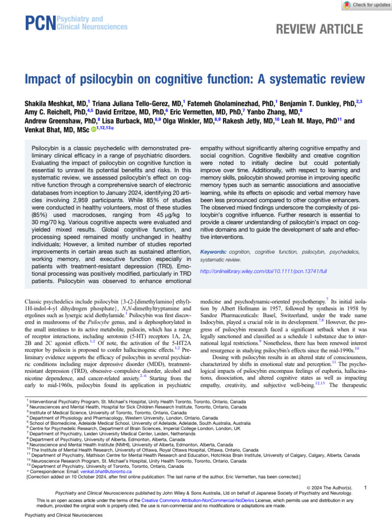 Psychiatry Clin Neurosci - 2024 - Meshkat - Impact of Psilocybin On Cognitive Function A ...
