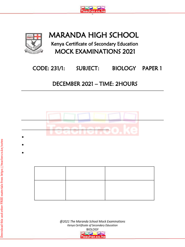 Maranda High School Biology Mock 2021 | PDF | Stomach | Seed