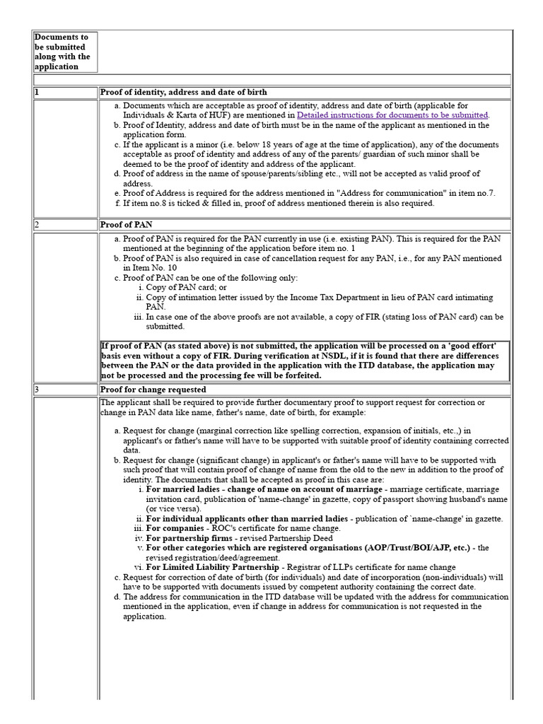 PAN - List of Documents | PDF | Identity Document | Government And Personhood