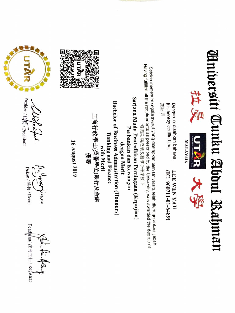 Graduation Cert Degree Lee Wen Yau | PDF