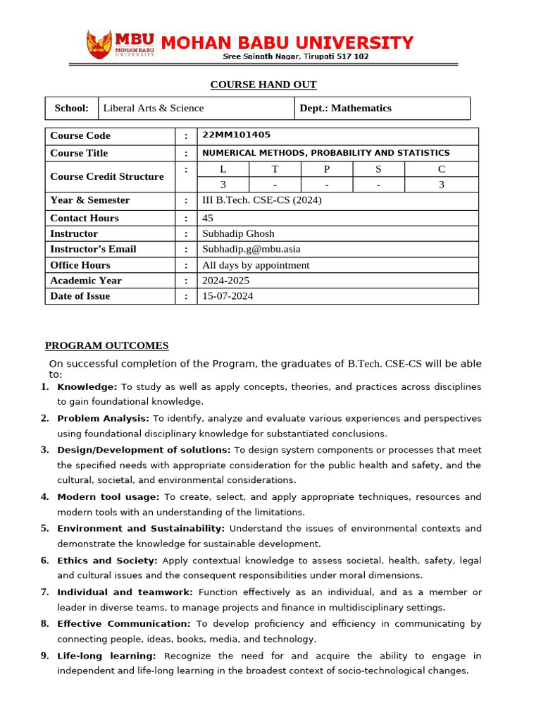 COURSE HAND OUT - Subhadip Ghosh | PDF | Probability Distribution ...