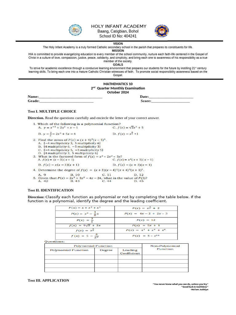 2nd Quarter Examination For MATH 10 | PDF