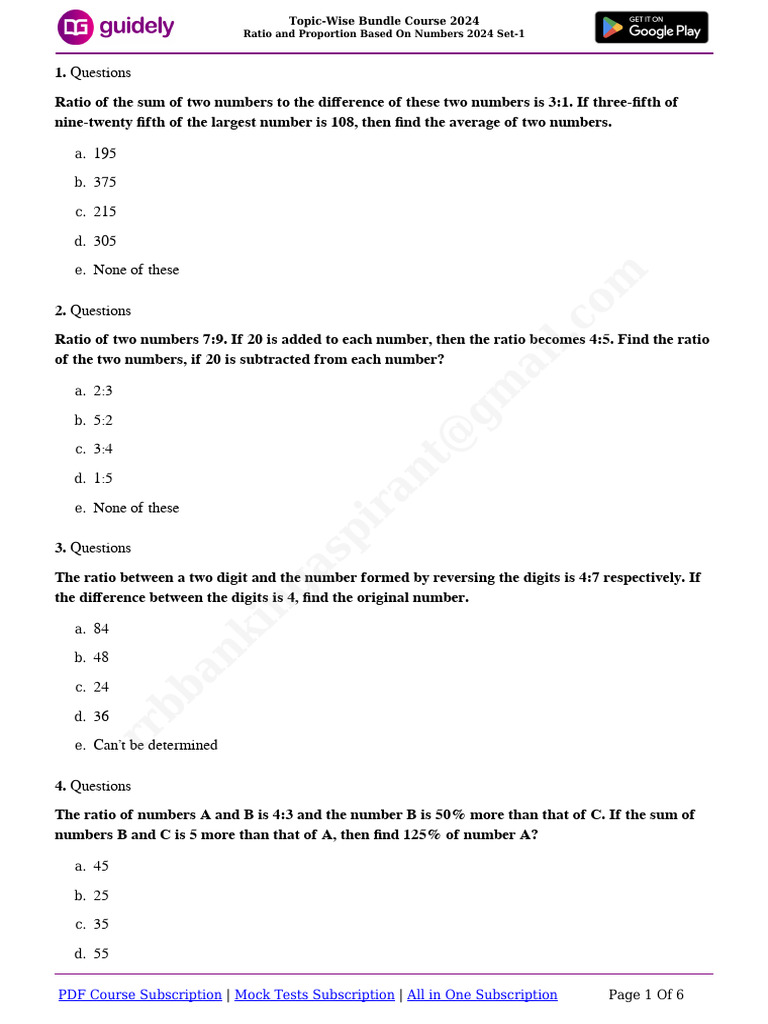 Ratio and Proportion - Based On Numbers Set - 1 | PDF | Numbers ...