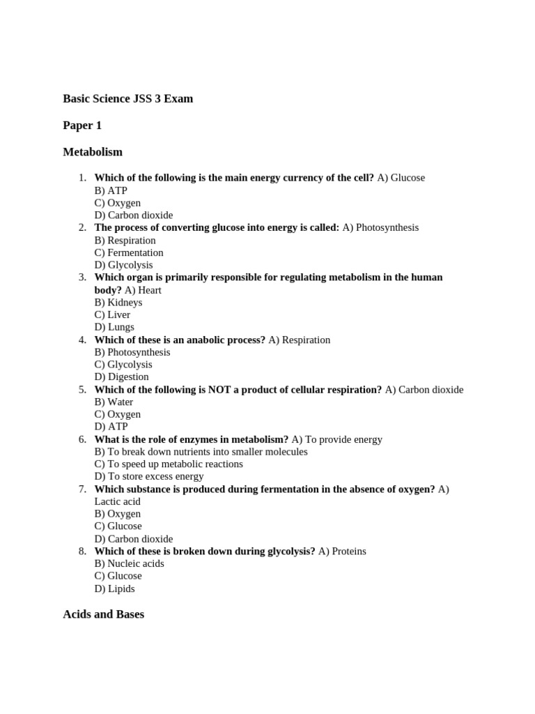 Basic Science JSS 3 Exam | PDF | Acid | Salt (Chemistry)