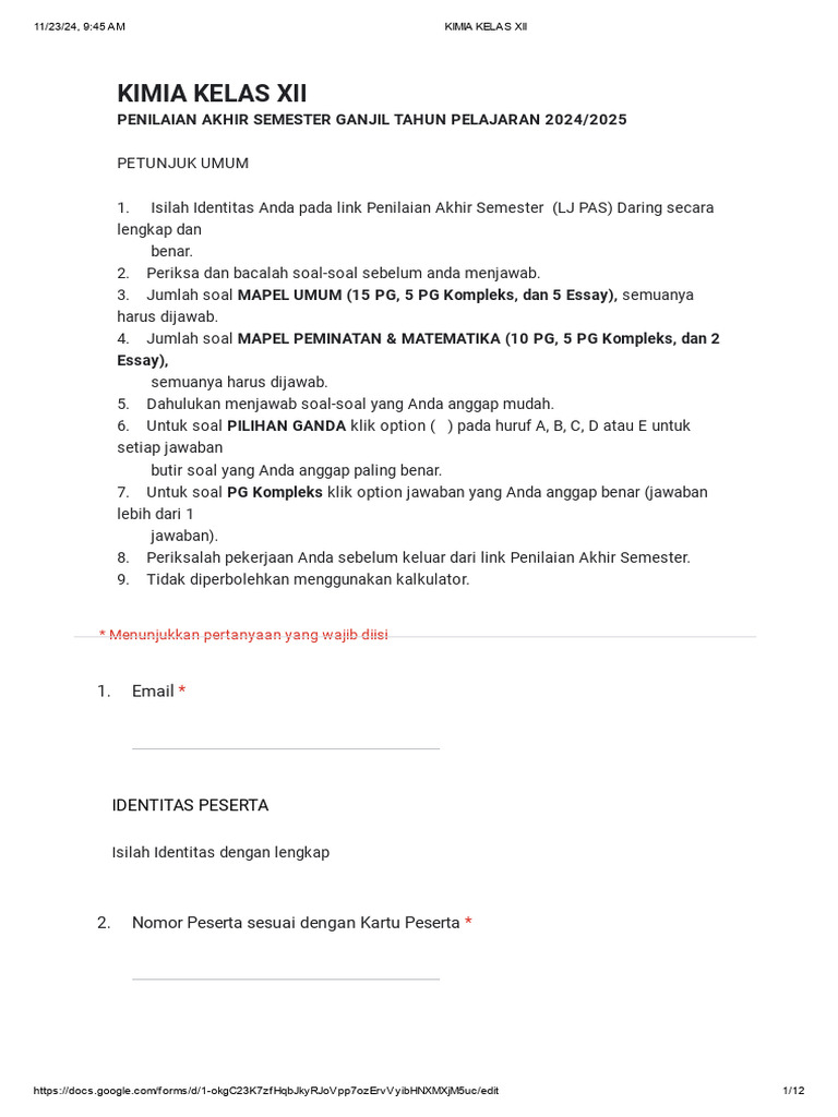 KIMIA KELAS XII - Google Formulir | PDF