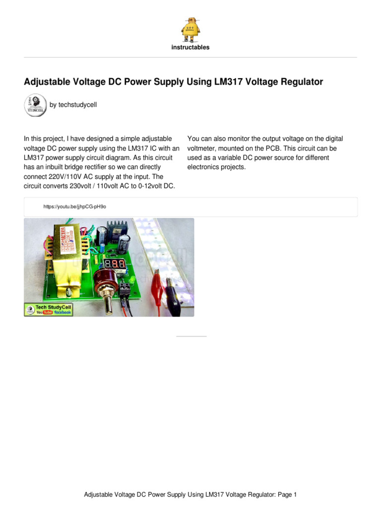 Adjustable Voltage DC Power Supply Using LM317 Vol | PDF | Power Supply | Direct Current