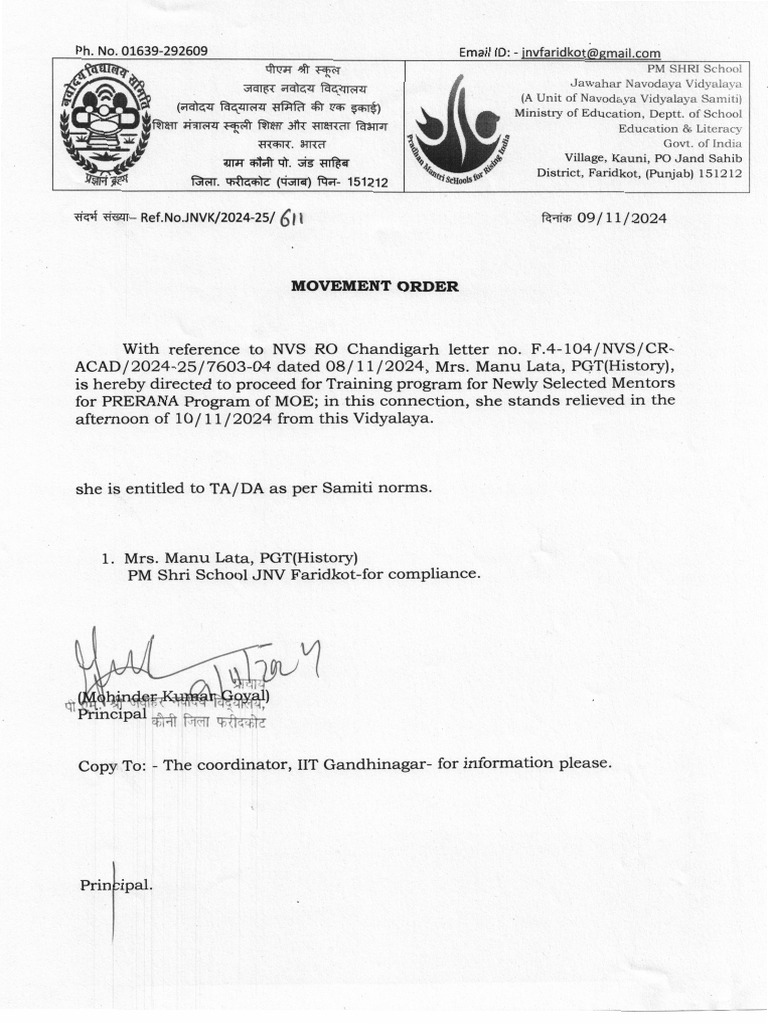 Manu Lata PGT Hindi, Movement Order | PDF | Educational Buildings ...