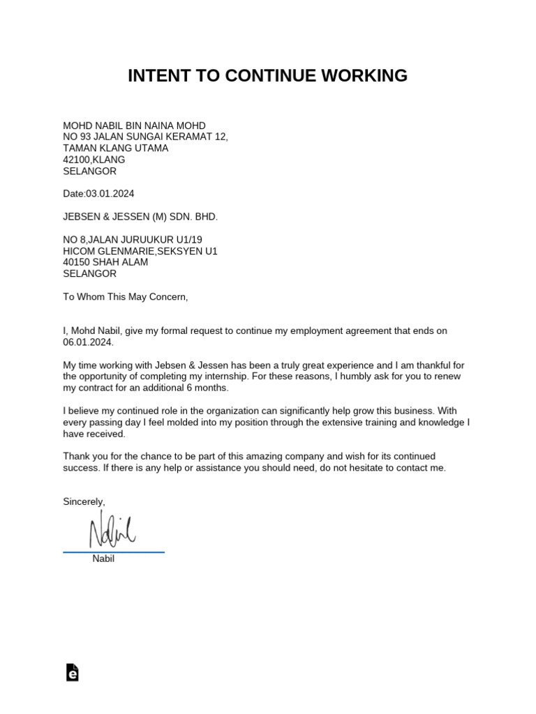 Letter of Intent To Continue Working | PDF | Career & Growth | Business