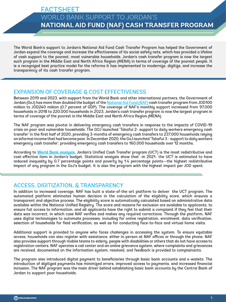 Jordan National Aid Fund NAF Cash Transfer Program Fact Sheet | PDF ...