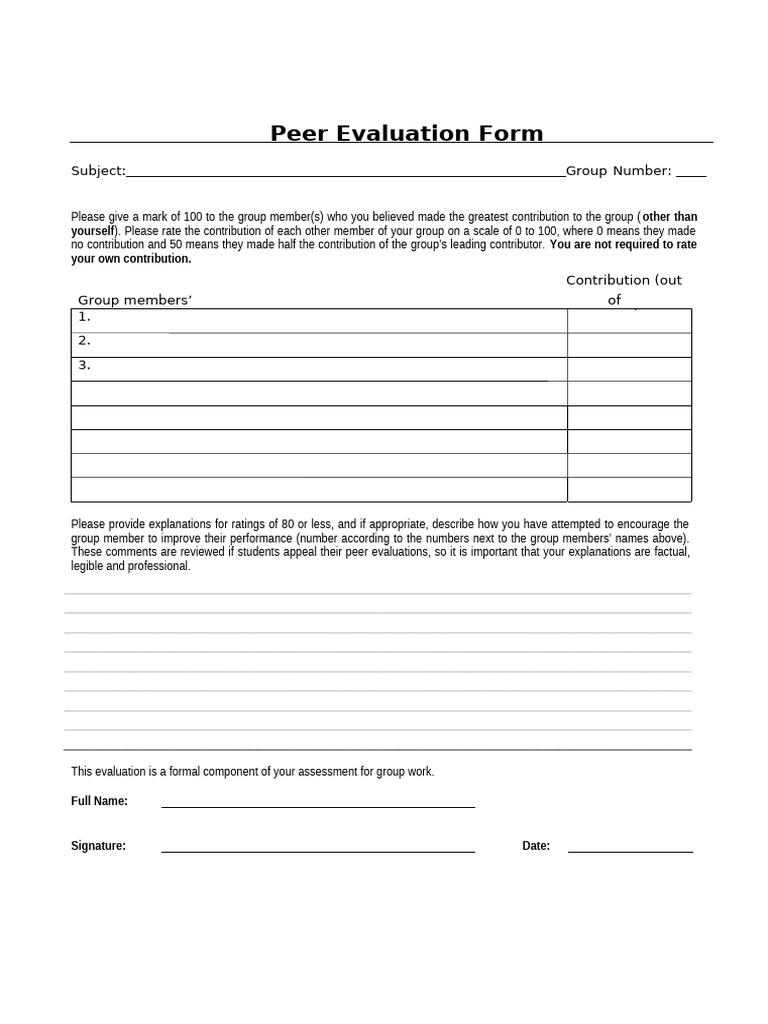 Peer Evaluation Form 04 | PDF