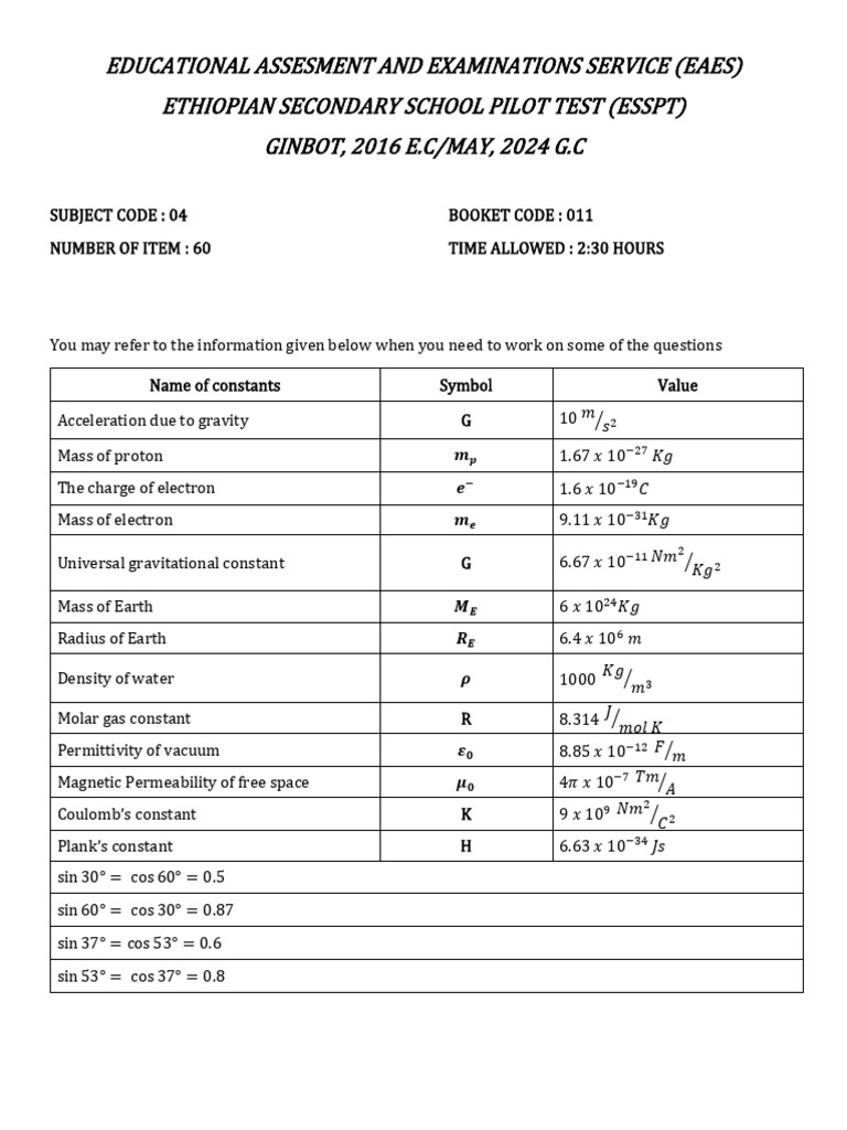 @QESEMACADEMY 2016 Physics Pilot Exam - Booklet 011 | PDF | Waves | Force