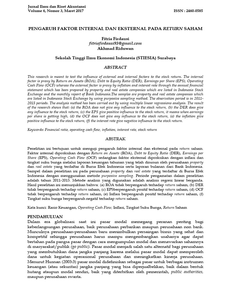 Pengaruh Faktor Internal Dan Eksternal Pada Return Saham | PDF