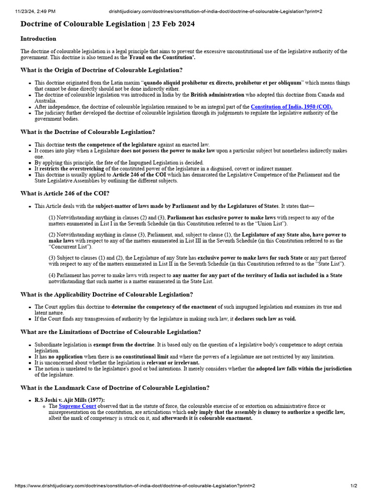 Doctrines - Constitution of India Doct - Doctrine of Colourable ...