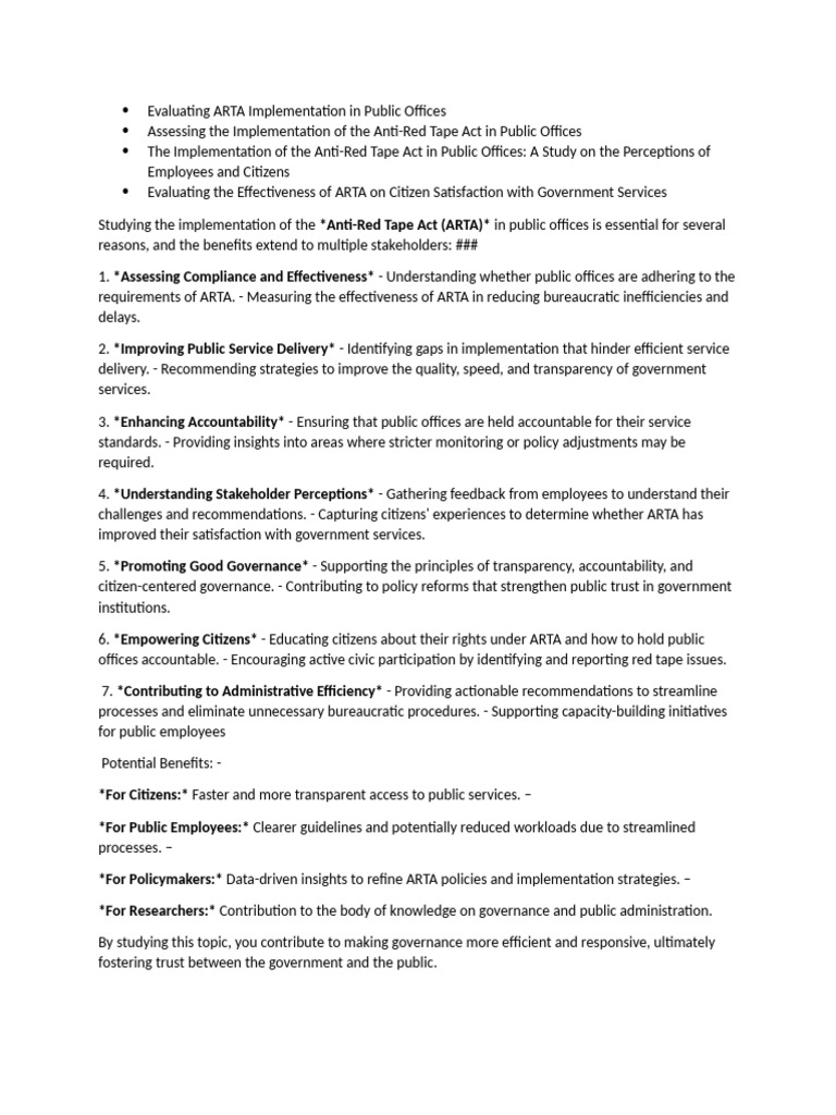 Evaluating ARTA in Public Offices | PDF | Governance | Policy