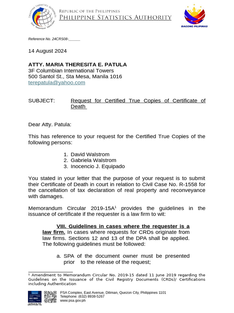 Request for Death Certificates | PDF | Public Law | Common Law