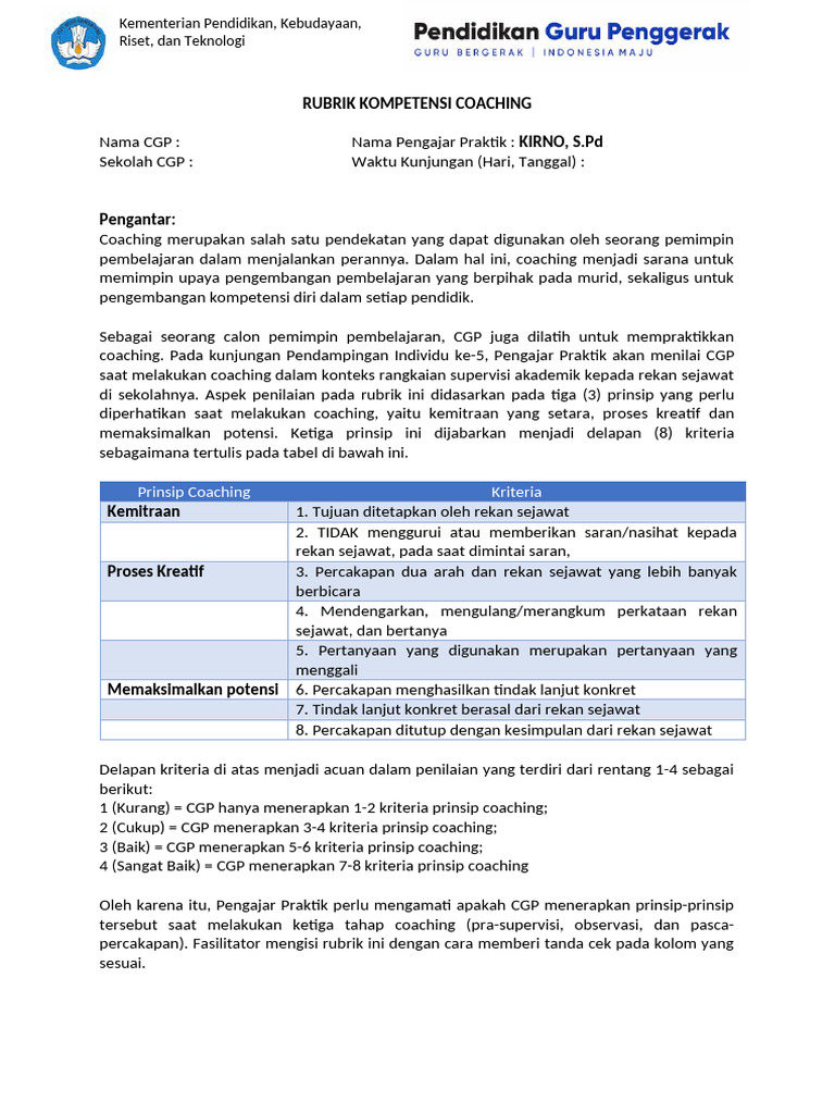 Lampiran 8 Format Penilaian Praktik Coaching PI 5 | PDF