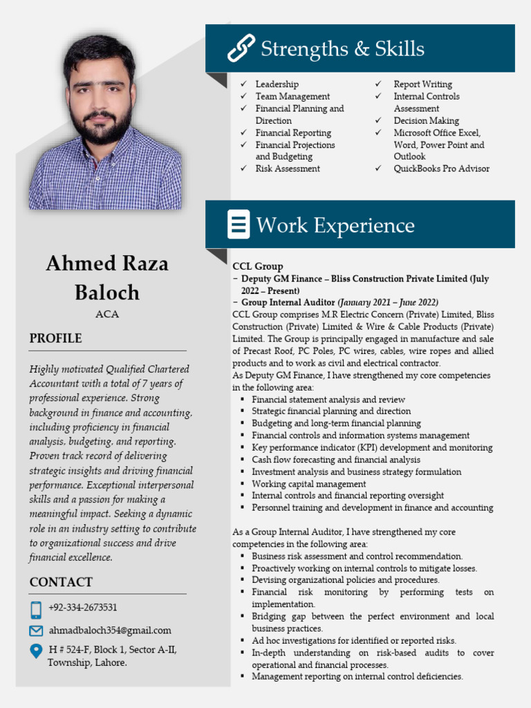 AR Baloch - ACA - CV | PDF | Internal Control | Audit