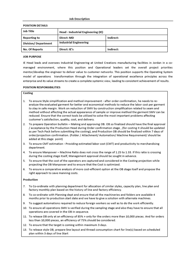 Head of Industrial Engineering Job Description | PDF | Performance ...