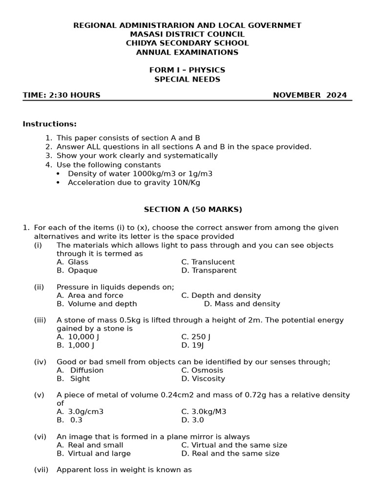 Form One Physics Annual Examination Special Needs | PDF | Density | Force