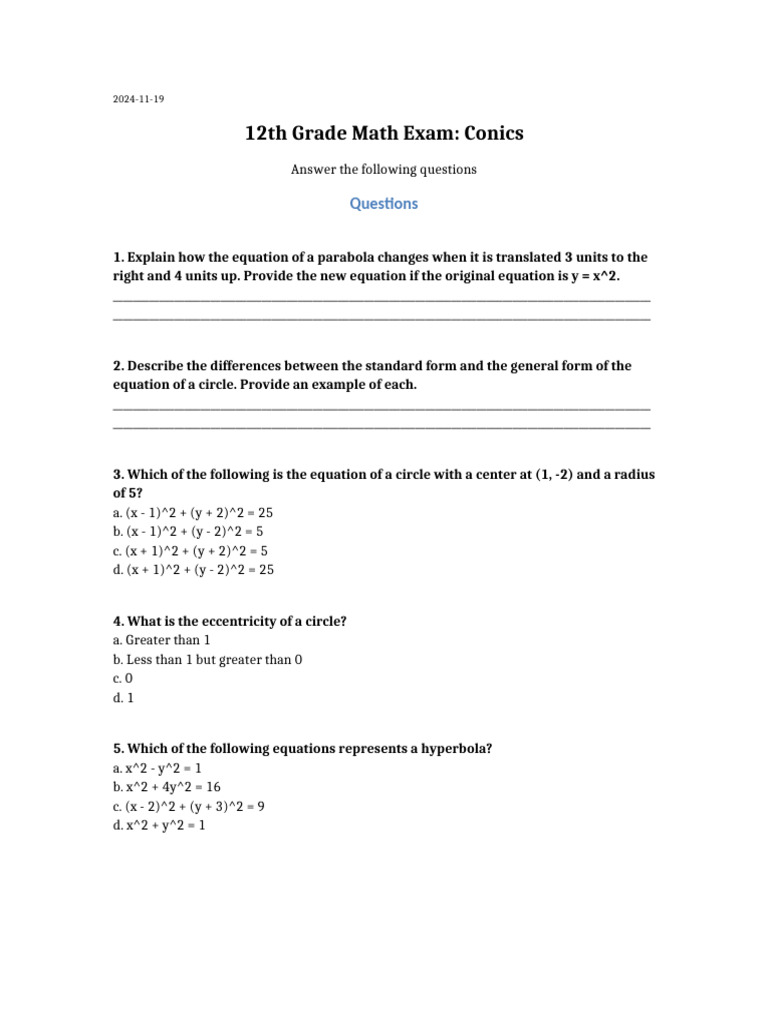 12th Grade Math Exam Conics | PDF | Analytic Geometry | Euclidean Geometry