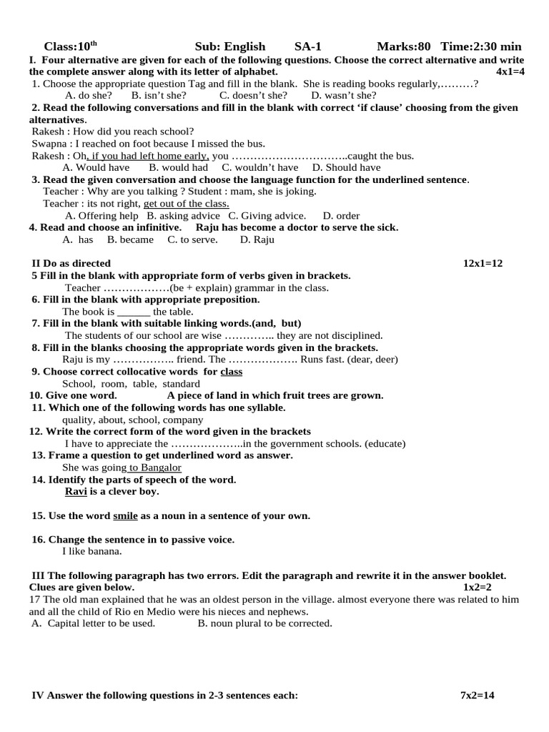 10th STD SL English Midterm Exam Question Paper 2022-23 | PDF | English ...