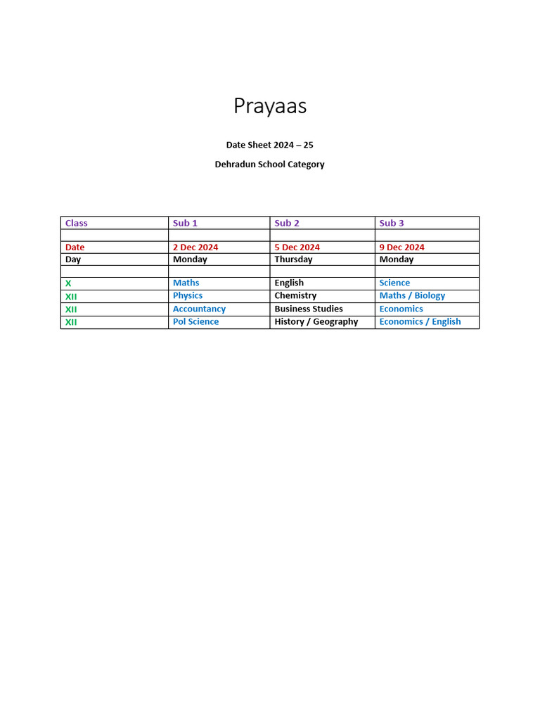 Prayaas Exam Schedule 2024-25 | PDF